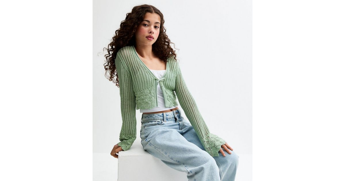 Girls Mint Green Tie Front Cropped Cardigan | New Look