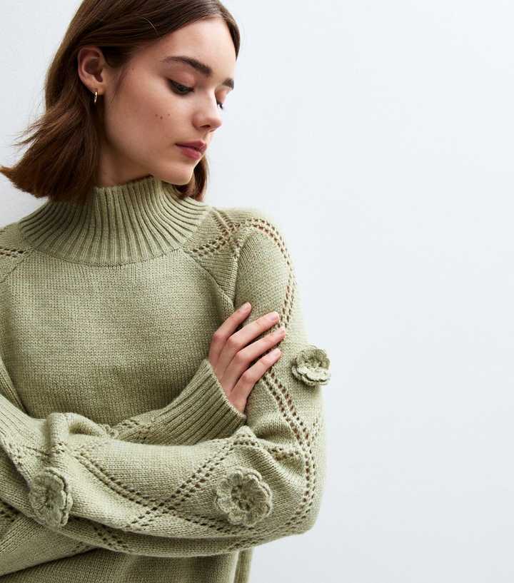 Green Floral Appliqué High Neck Jumper | New Look