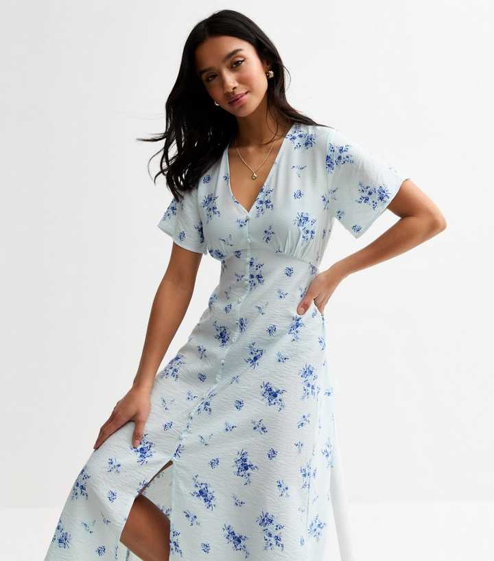 Petite Blue Floral Print Slit Hem Midi Dress | New Look
