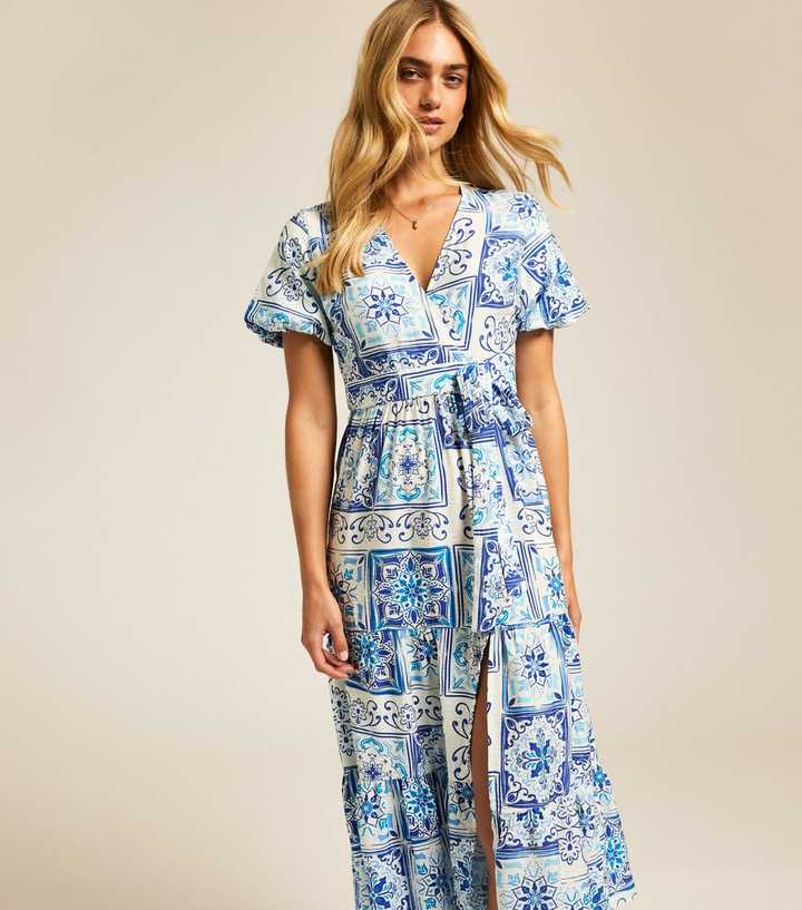Blue Tile Print Tiered Wrap Midi Dress | New Look