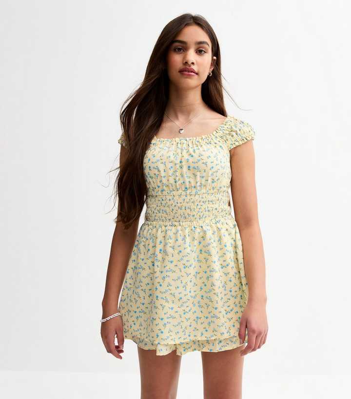 Girls Yellow Floral Print Ruched Waist Playsuit | New Look