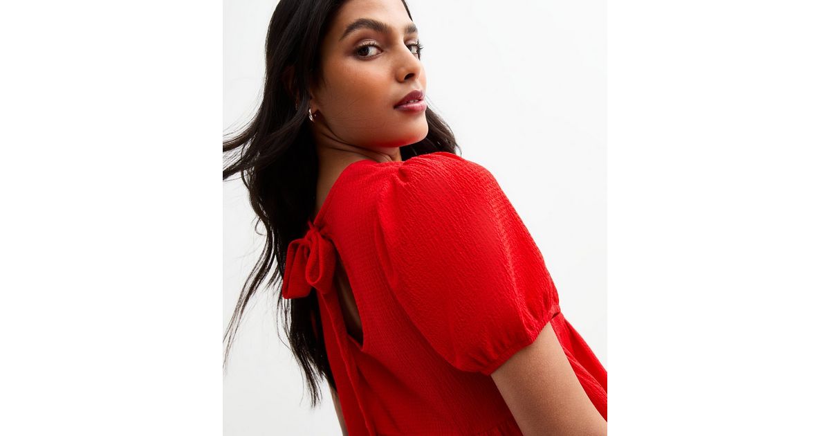 Red Crinkled Jersey Tie Back Peplum Top | New Look