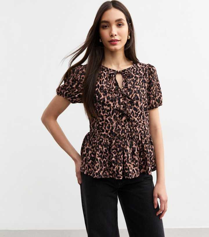 Brown Leopard Print Tie Neck Top | New Look