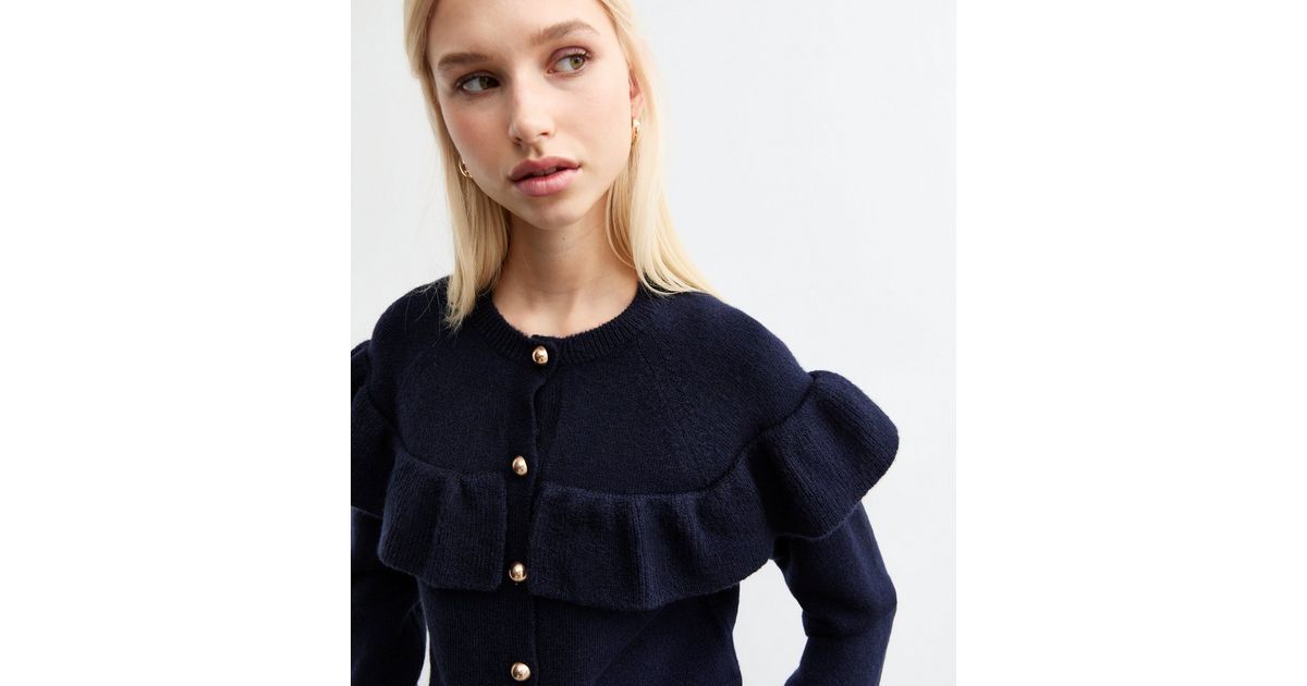 Navy Frill Trim Cardigan | New Look