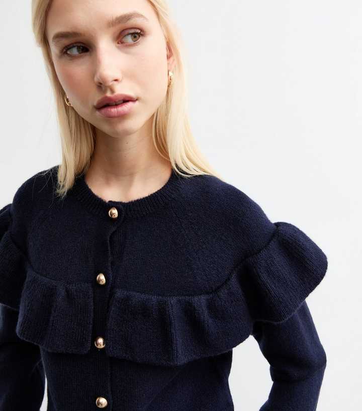 Navy Frill Trim Cardigan | New Look