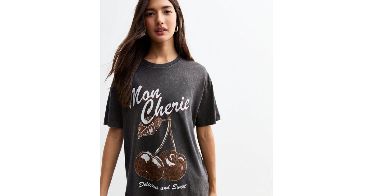 Dark Grey Oversized Cherry Print Cotton T-Shirt | New Look