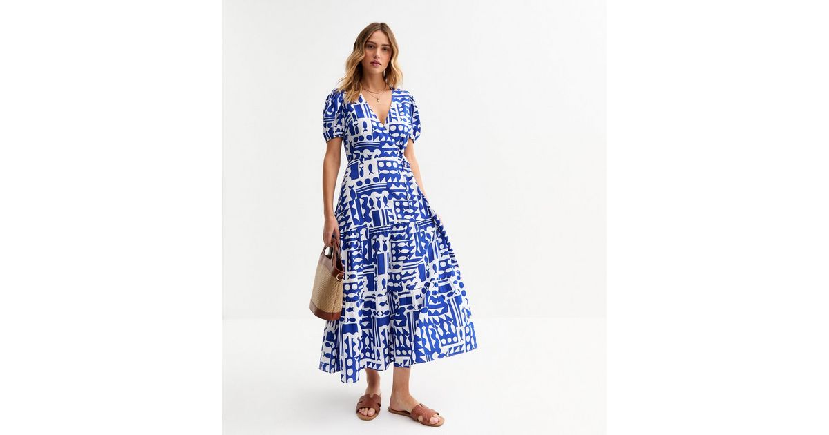 Blue Fish Print Wrap Midi Dress | New Look