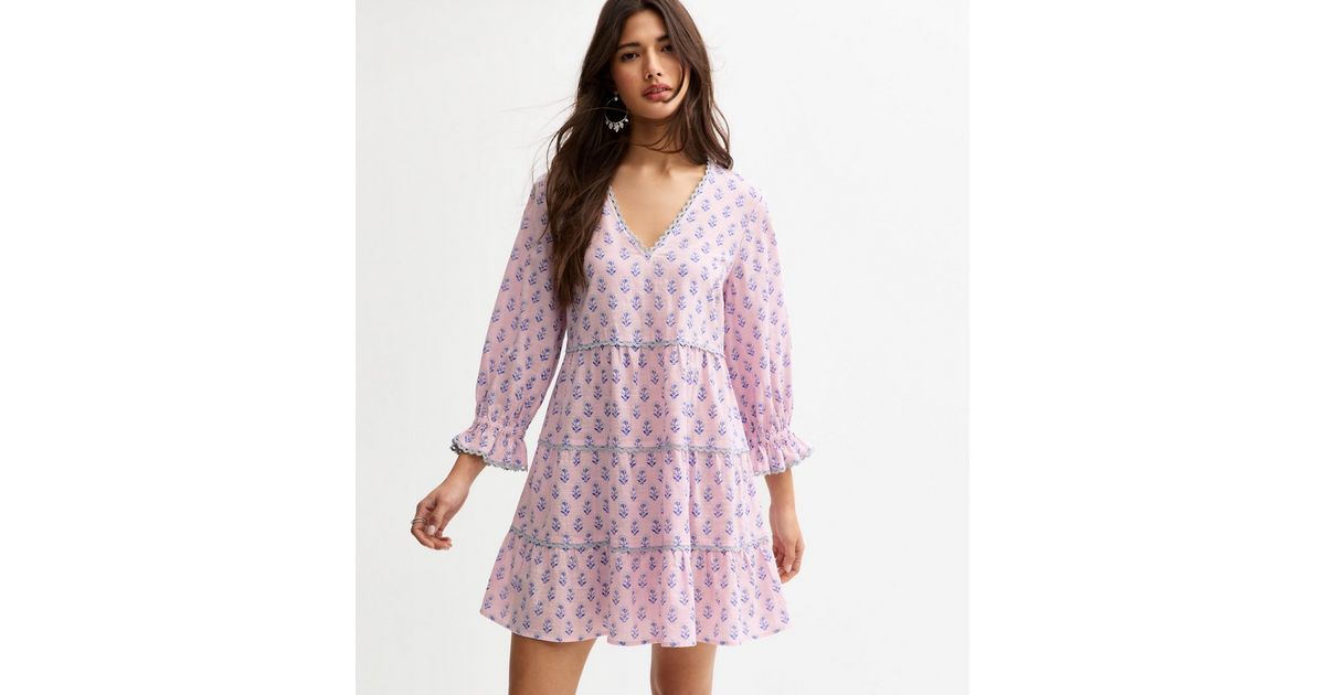 Pink Pattern Print Tiered Mini Dress | New Look