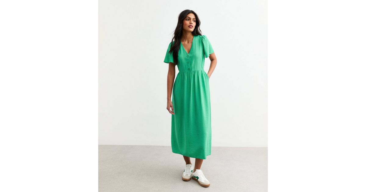 Green Flutter Sleeve Button Front Midi Dress | New Look
