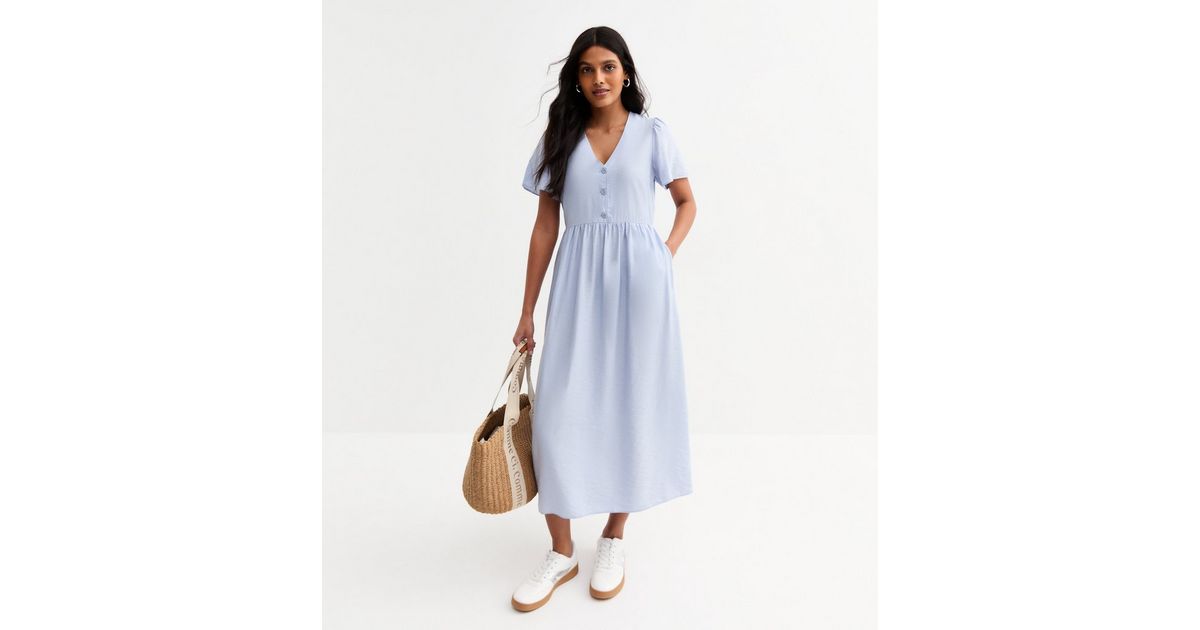 Light Blue Flutter Sleeve Button Front Midi Dress | New Look