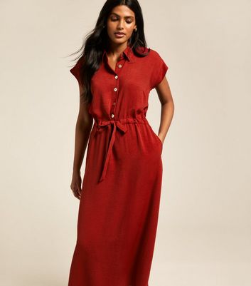 Dark Red Drawstring Waist Textured Midi Dress | New Look