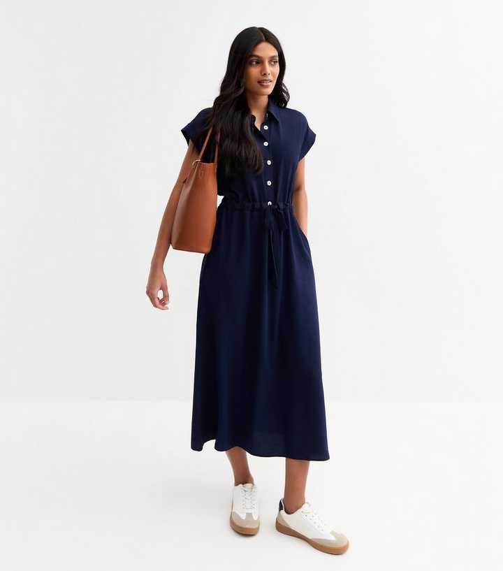 Navy Drawstring Waist Textured Midi Dress | New Look