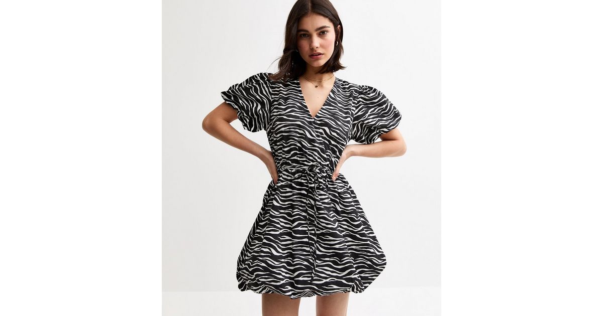 Black Zebra Print Puffball Hem Mini Dress | New Look