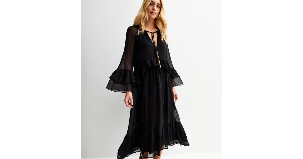 Black Ruffle Trim Chiffon Midi Dress | New Look
