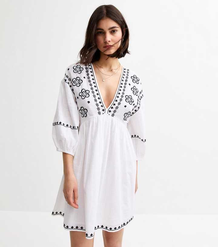 White Floral Embroidered Smock Mini Dress | New Look