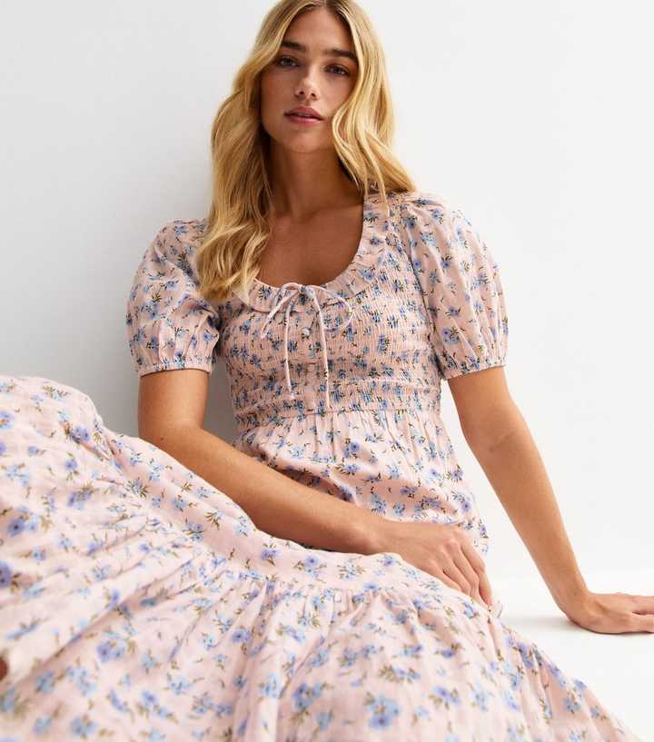 Pink Floral Print Tie Neck Milkmaid Midi Dress | New Look