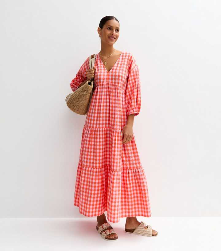 Pink Gingham Check Tiered Midi Dress | New Look