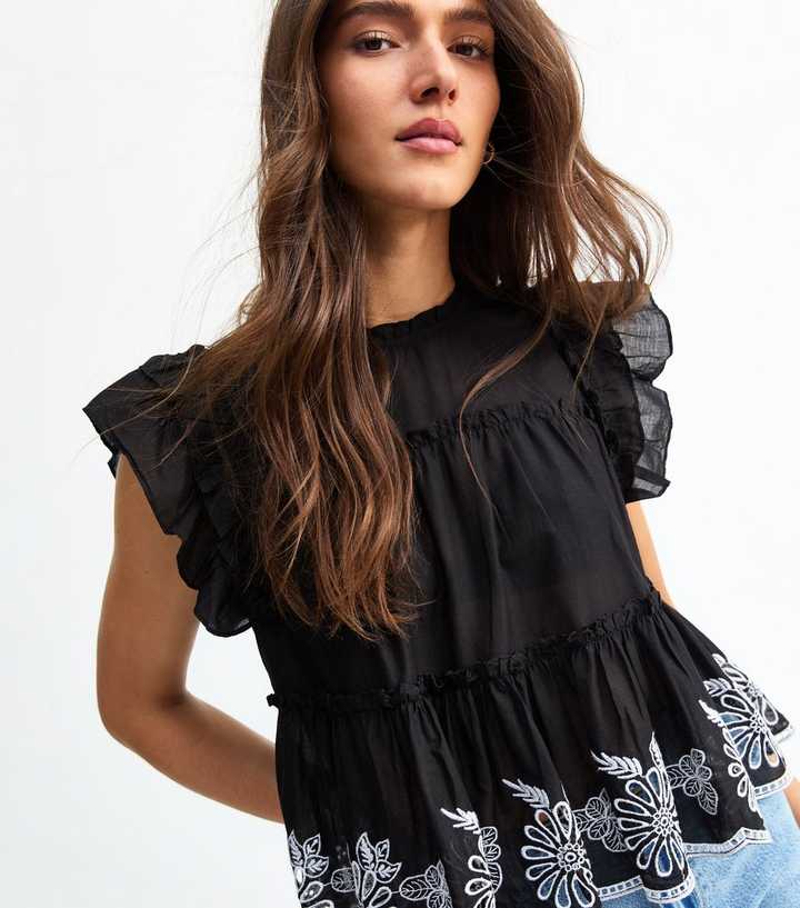 Black Floral Embroidered Frilly Trim Top | New Look