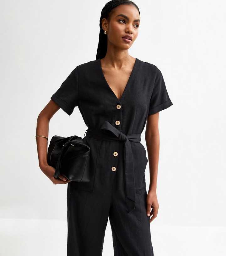 Tall Black V-Neck Button Through Jumpsuit | New Look