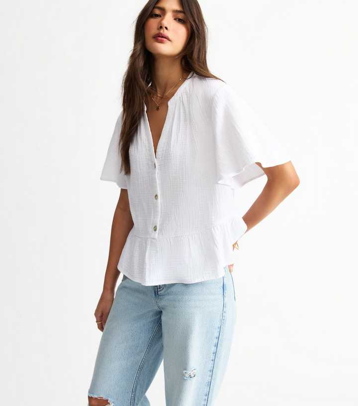 White Textured Peplum Hem Blouse | New Look