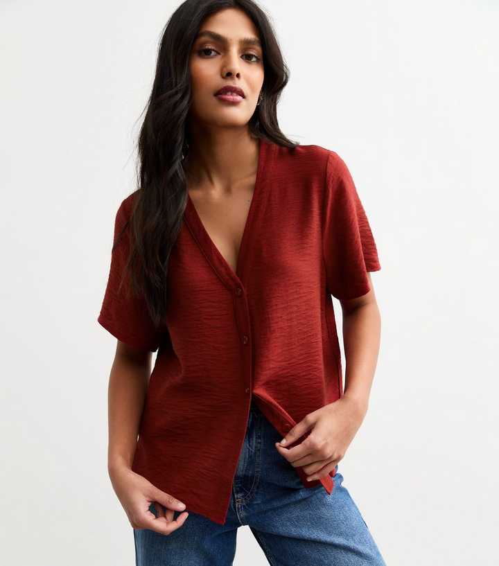 Rust V-Neck Button Up Top | New Look