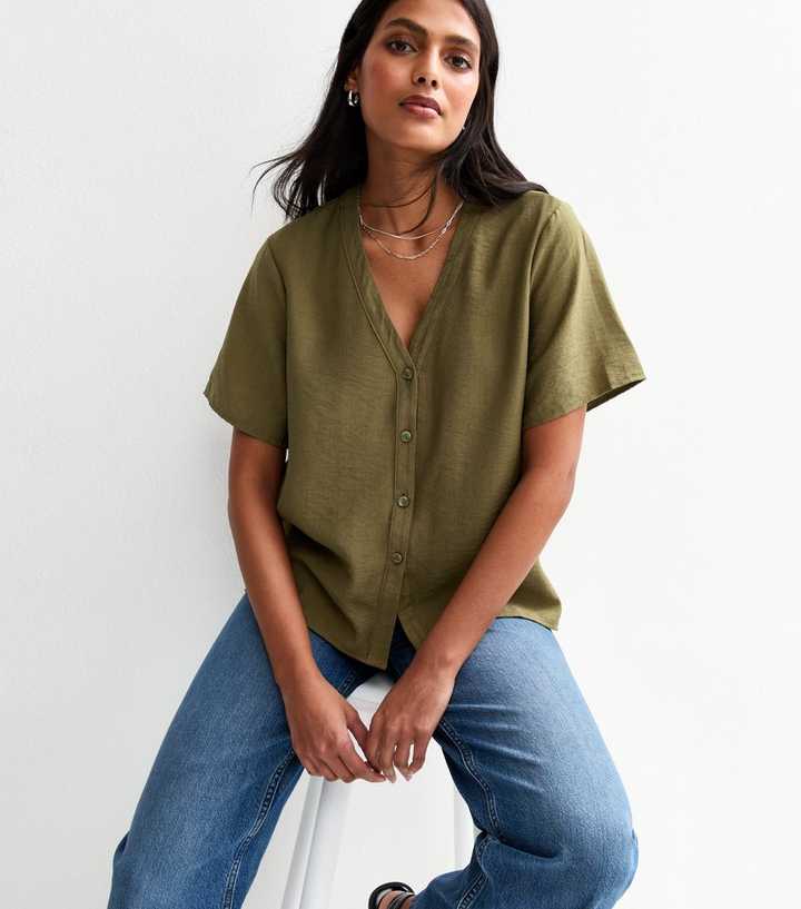 Khaki V-Neck Button Up Top | New Look