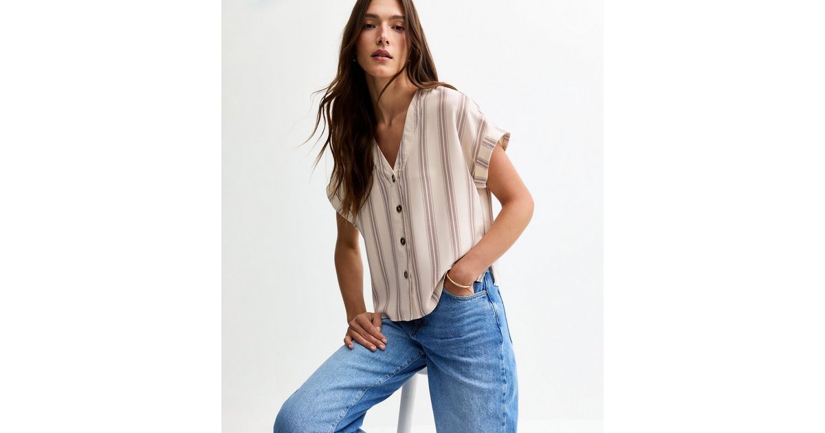 Mink Striped Button Up Top | New Look