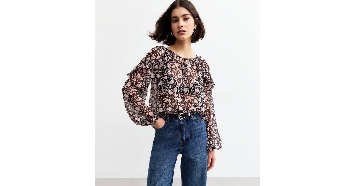 Pink Floral Print Frilly Trim Chiffon Blouse | New Look