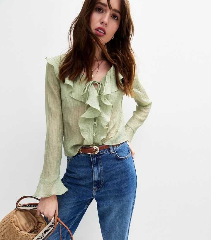 Green Ruffled Tie Neck Blouse | New Look