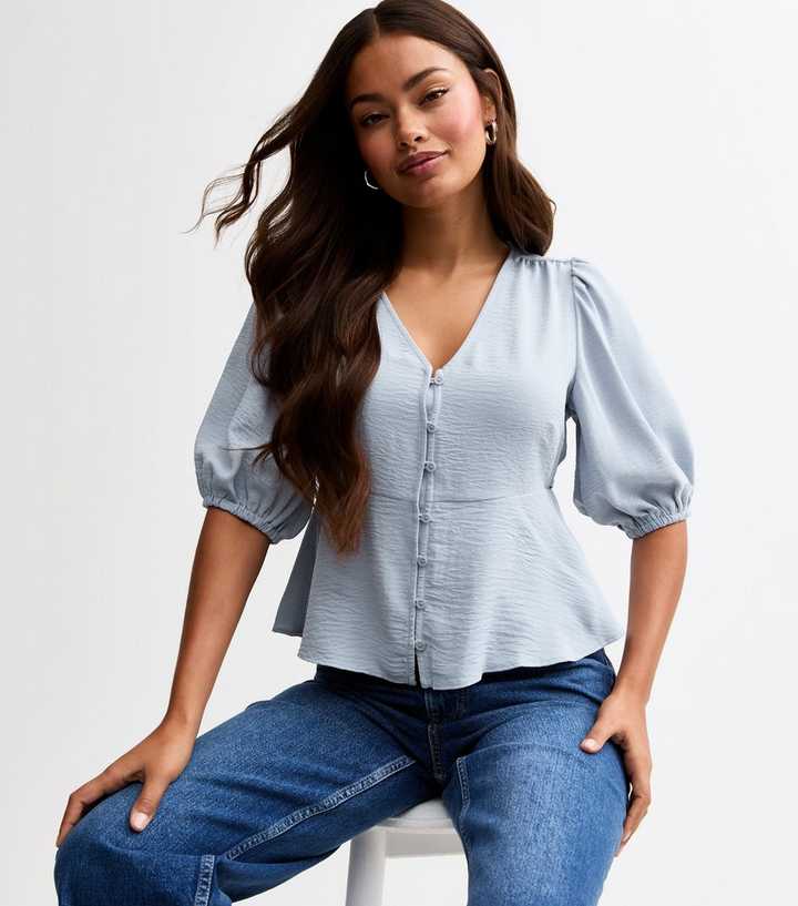 Petite Blue Crinkle Texture Button Front Tea Blouse | New Look