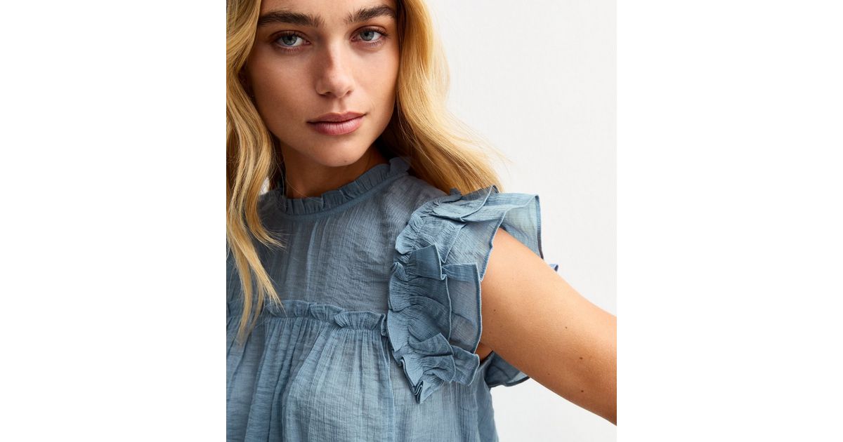 Blue Ruffle Trimmed Semi Sheer Top | New Look