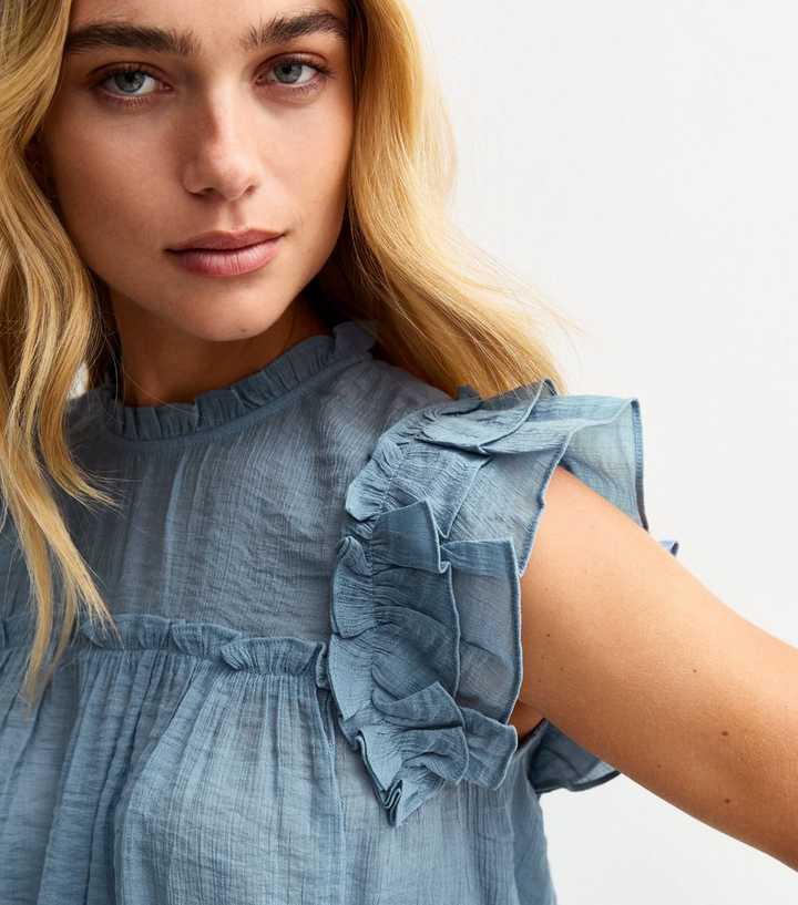Blue Ruffle Trimmed Semi Sheer Top | New Look