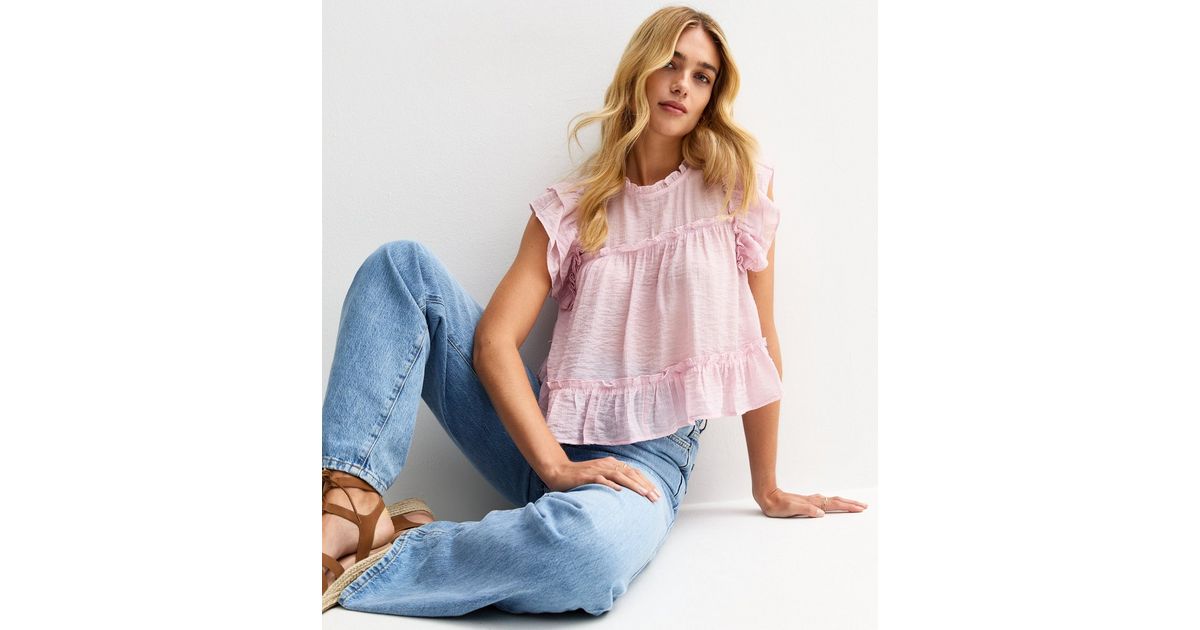 Light Pink Ruffle Trimmed Semi Sheer Top | New Look