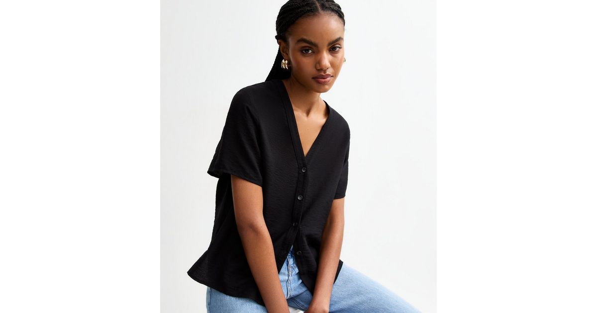 Tall Black V-Neck Button Front Top | New Look