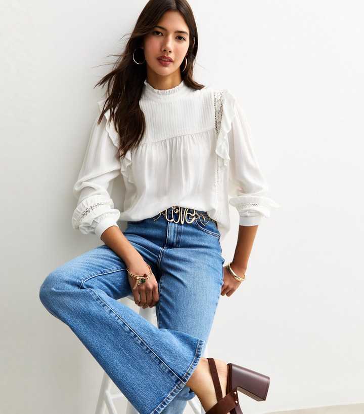 White Frilly Trimmed Lace Insert Blouse | New Look