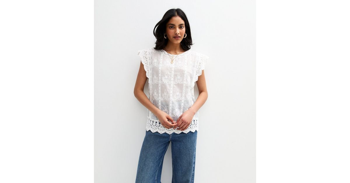 White Crochet Detail Scallop Edge Blouse | New Look