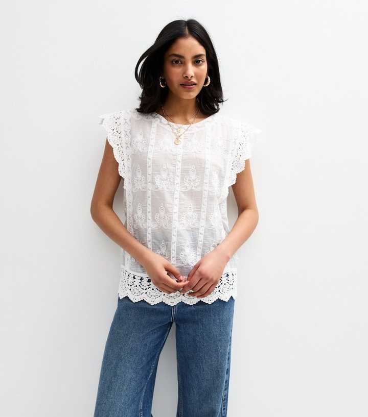 White Crochet Detail Scallop Edge Blouse | New Look