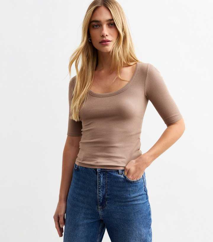 Mink Scoop Neck Half Sleeve Rib Jersey Top | New Look