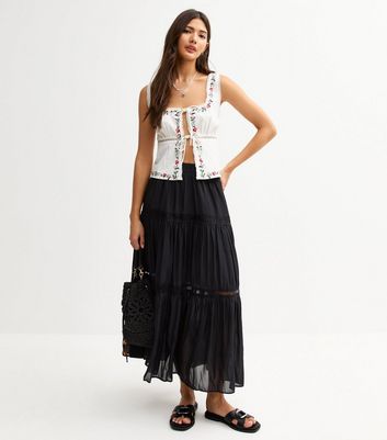 Black Lace Insert Chiffon Midi Skirt | New Look