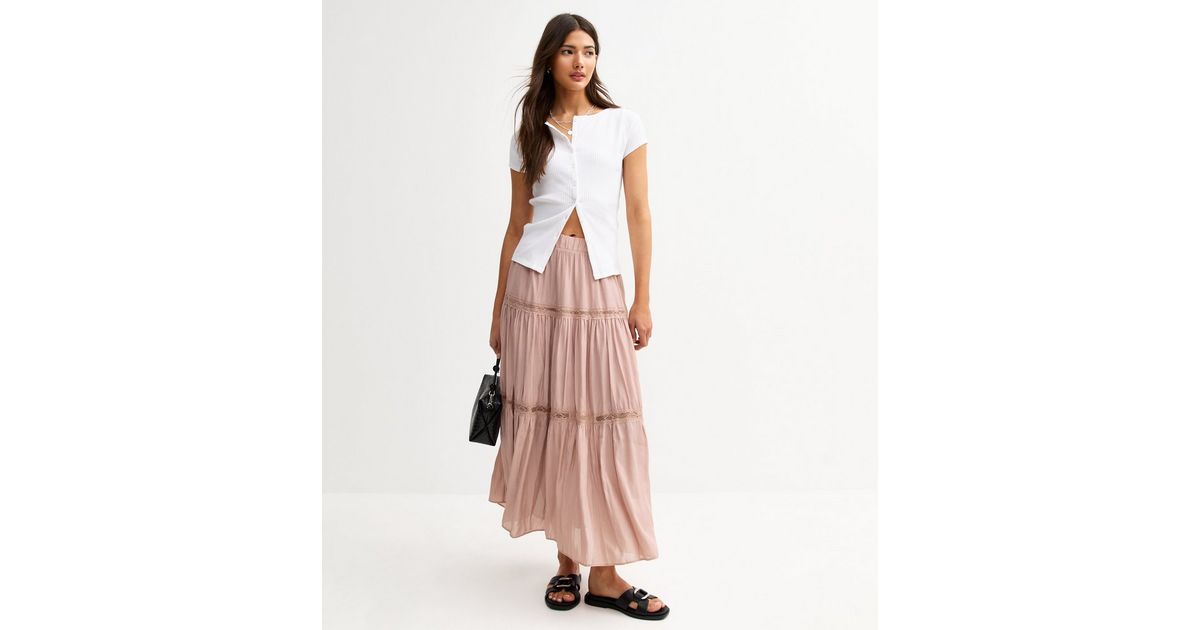 Pink Lace Insert Chiffon Midi Skirt | New Look