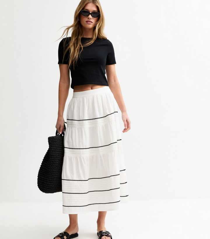 White Ric Rac Tiered Midi Skirt | New Look