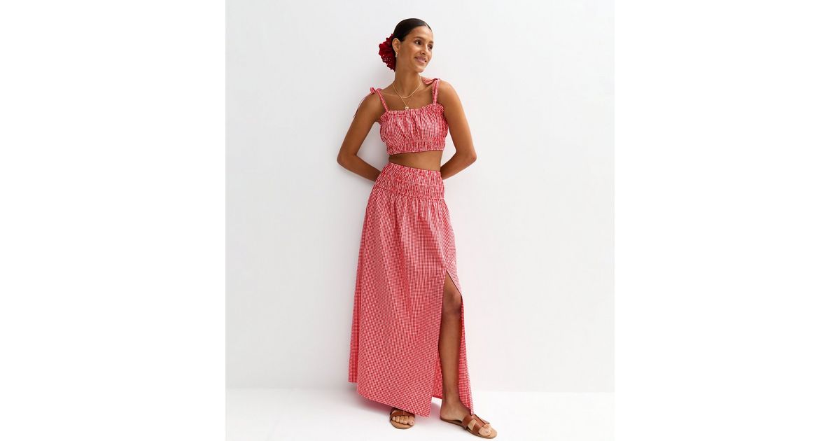 Red Gingham Check Slit Hem Maxi Skirt | New Look