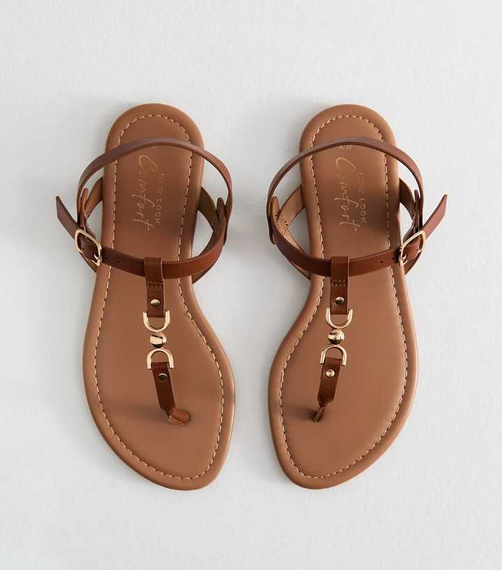 Tan Faux Leather Hardware Detail Toe Strap Sandals | New Look