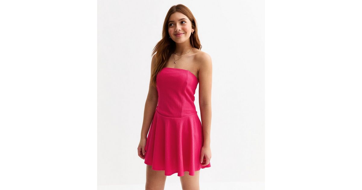 Girls Pink Textured Jersey Bandeau Flippy Mini Dress | New Look