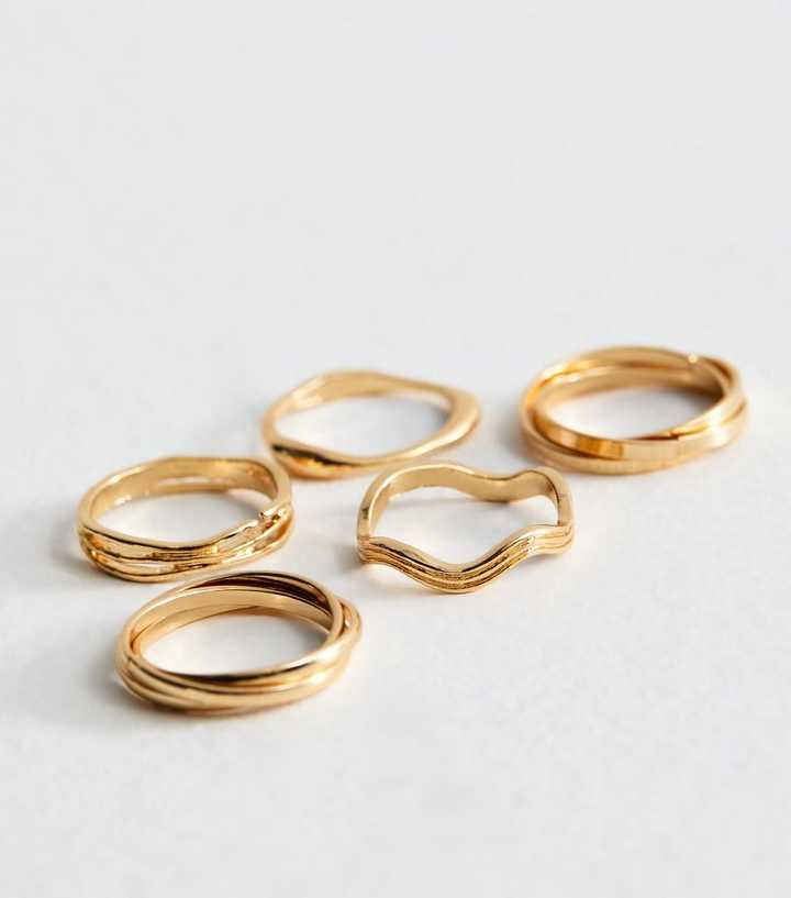 Pack of 5 Gold Tone Crossover Rings | New Look