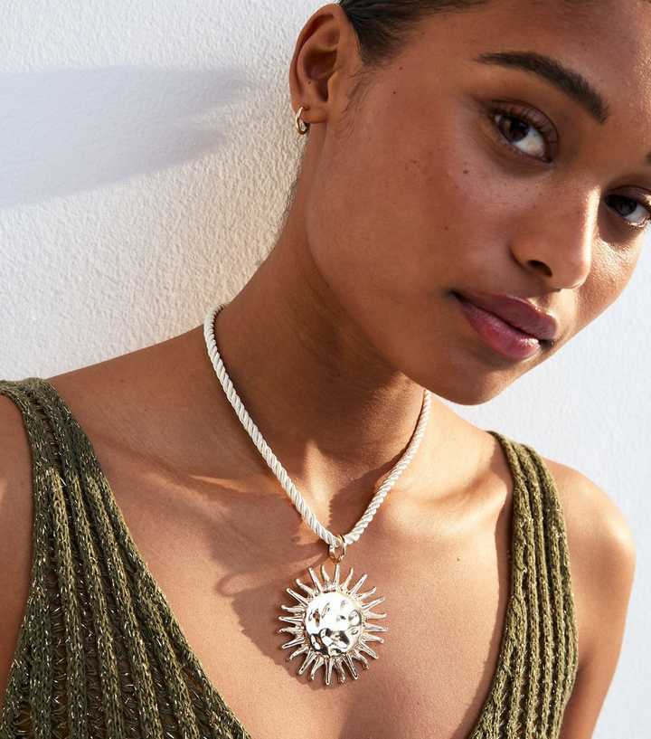 Cream Sun Pendant Rope Necklace | New Look