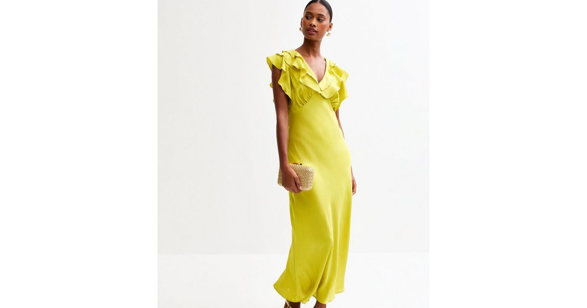 Light Green Satin Ruffled Midi Dress | New Look