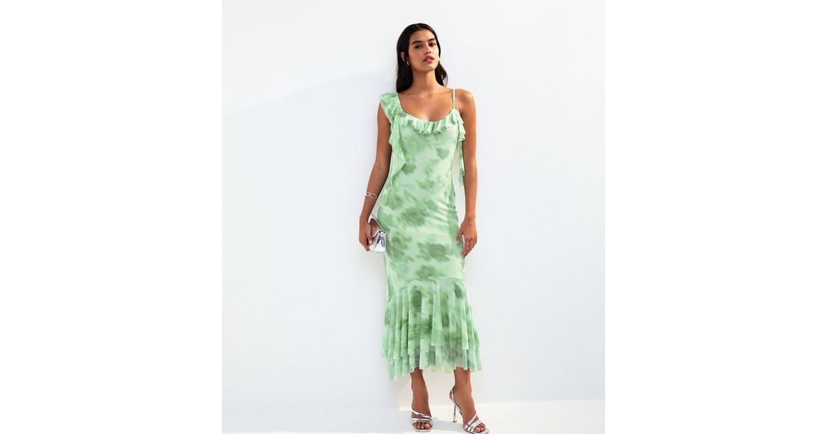 Green Frilly Trimmed Mesh Midi Dress | New Look