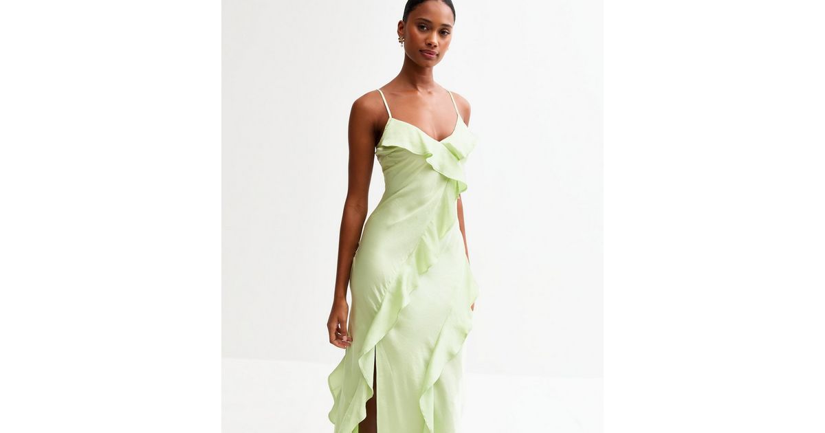 Green Ruffle Trim Satin Midi Dress | New Look