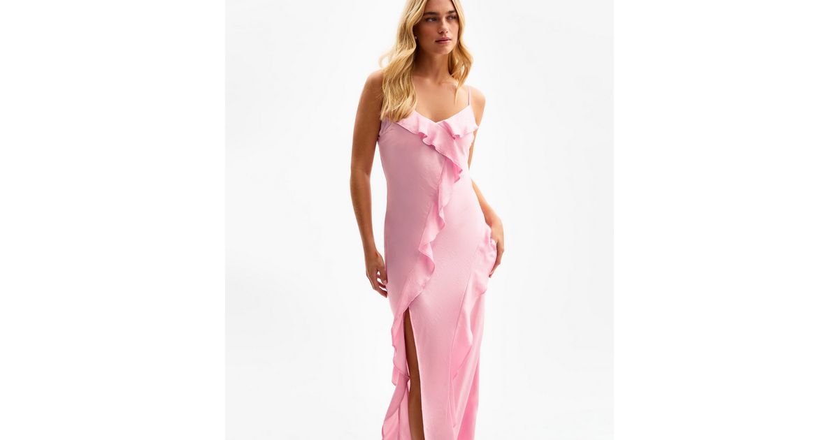 Pink Ruffle Trim Satin Midi Dress | New Look